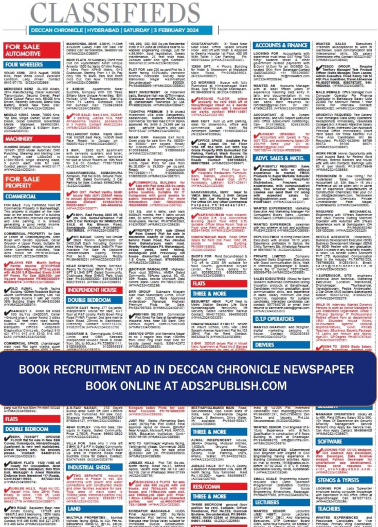 Book Your Recruitment Ad In Deccan Chronicle And Find Best Employee For