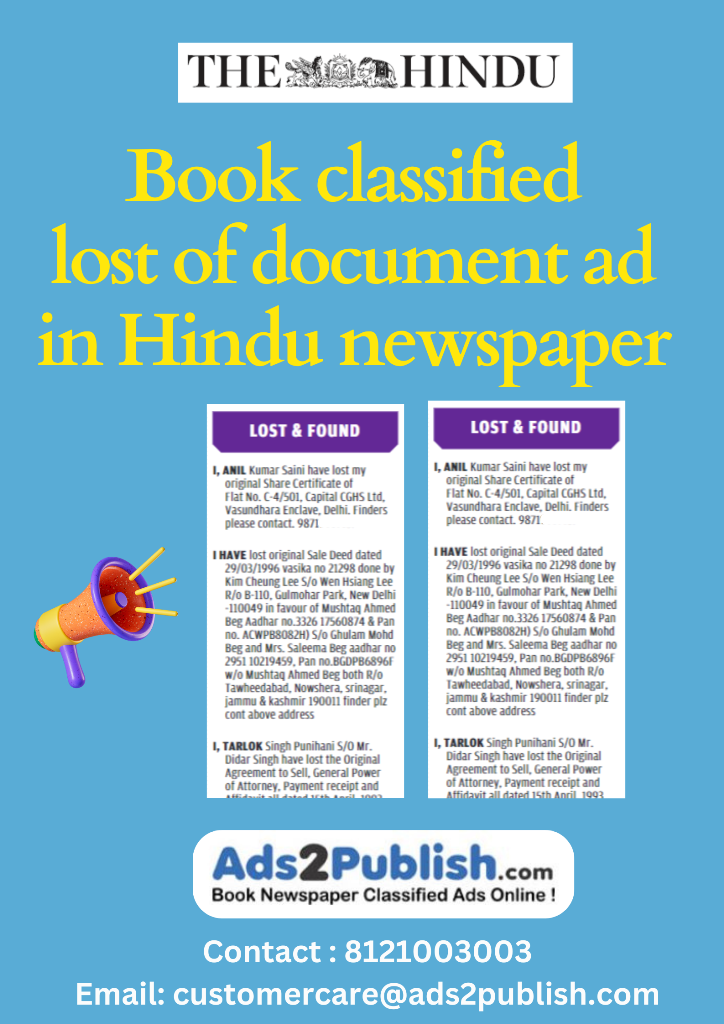 Tips for Publishing a Lost Document Classified Ad in The Hindu ...